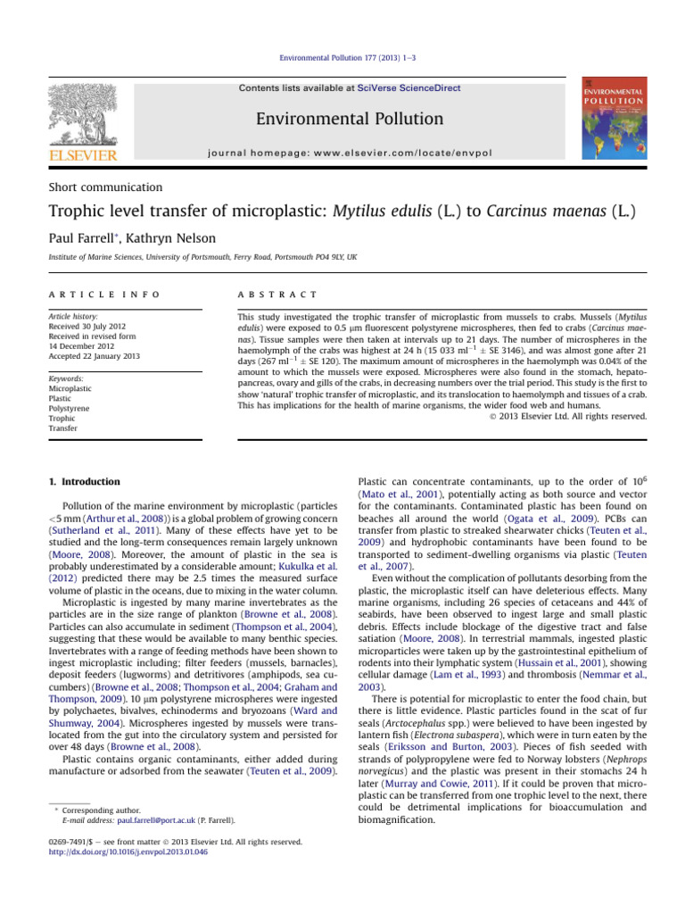 Trophic Level Transfer of Microplastic M | PDF | Environmental Science