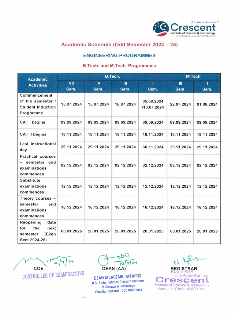 Academic Schedule B.tech M Tech Programmes 2024 25 | PDF