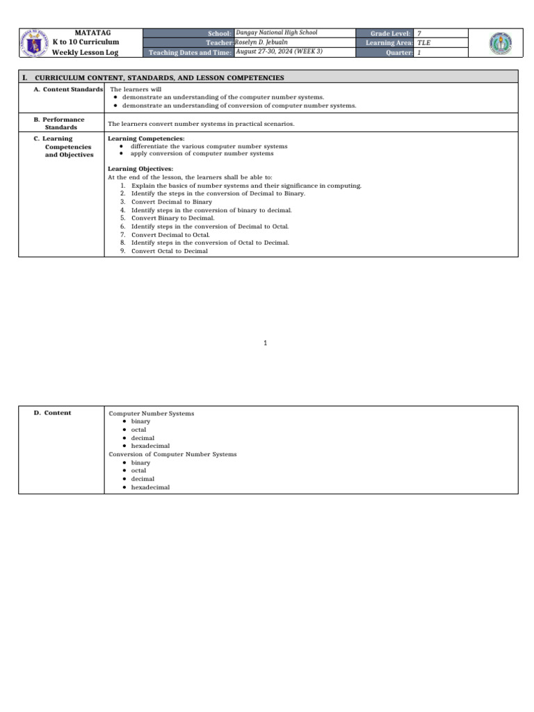 Dll Matatag Tle 7 Q1 W3 Pdf Decimal Numbers