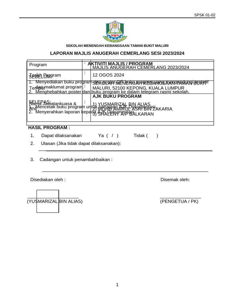 Laporan Ajk Buku Program Mac 2023 - 2024 | PDF