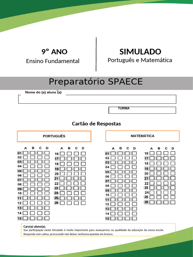 Capa Simulado Spaece 9º Ano - 2024 | PDF