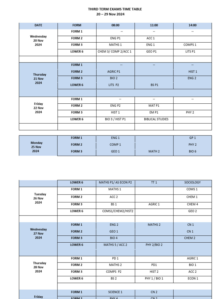 Third Term Exam Timetable 2024 | PDF