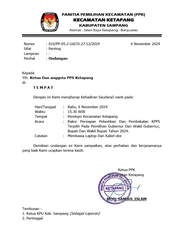 Undangan Rakor Pelantikan KPPS 2024 | PDF