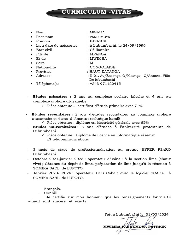 CV Patrick Mwimba: Informatique et Télécoms | PDF
