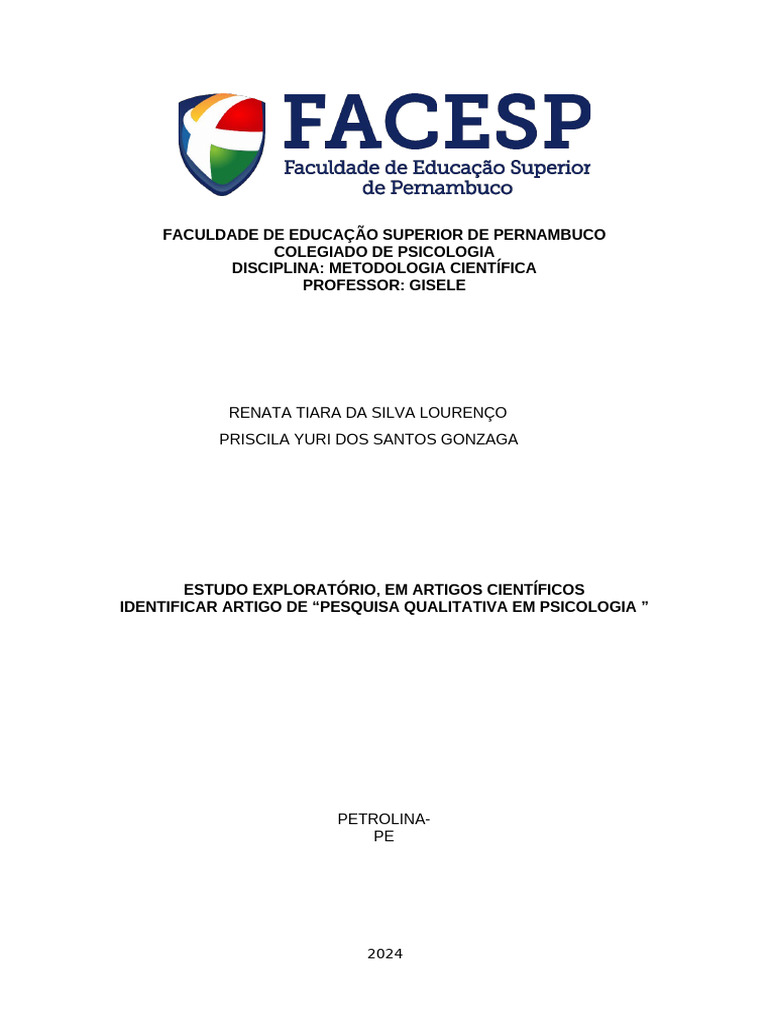 Pequisa de Artigo - Met. Da Pesquisa - Renata e Priscila | PDF | Psicologia | Science