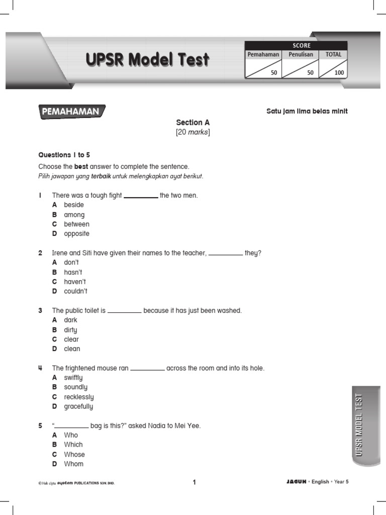 UPSR Model Test English Year 5 | PDF