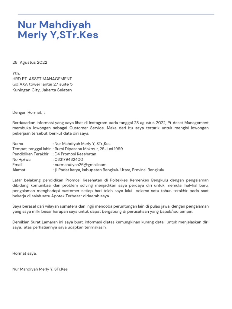 Lamaran Kerja Customer Service PT Asset Management | PDF