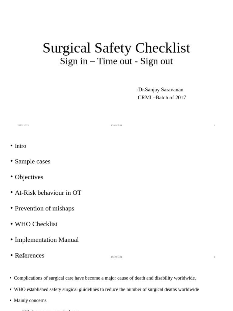 Surgical Safety Checklist Guide | PDF | Surgery | Anesthesia