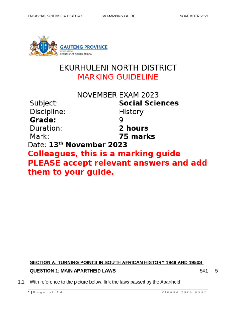 Memo en Ss g9 His 2023 Nov | PDF | Apartheid | African National Congress