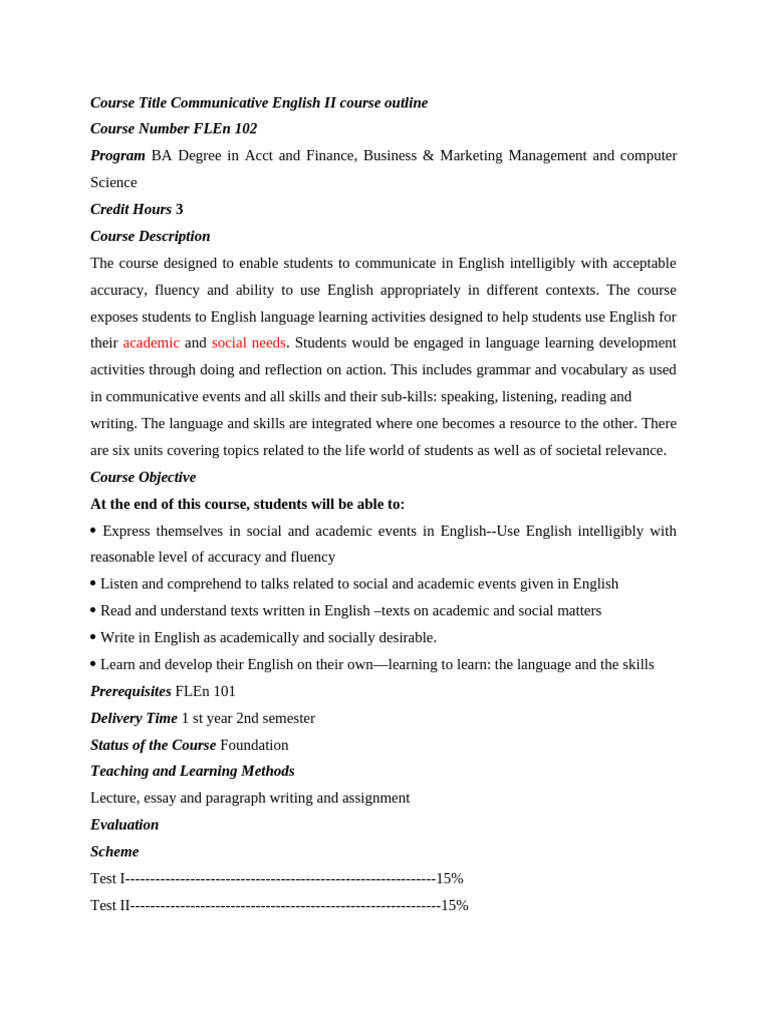 Communicative English II Course Outline | PDF | Language Acquisition ...