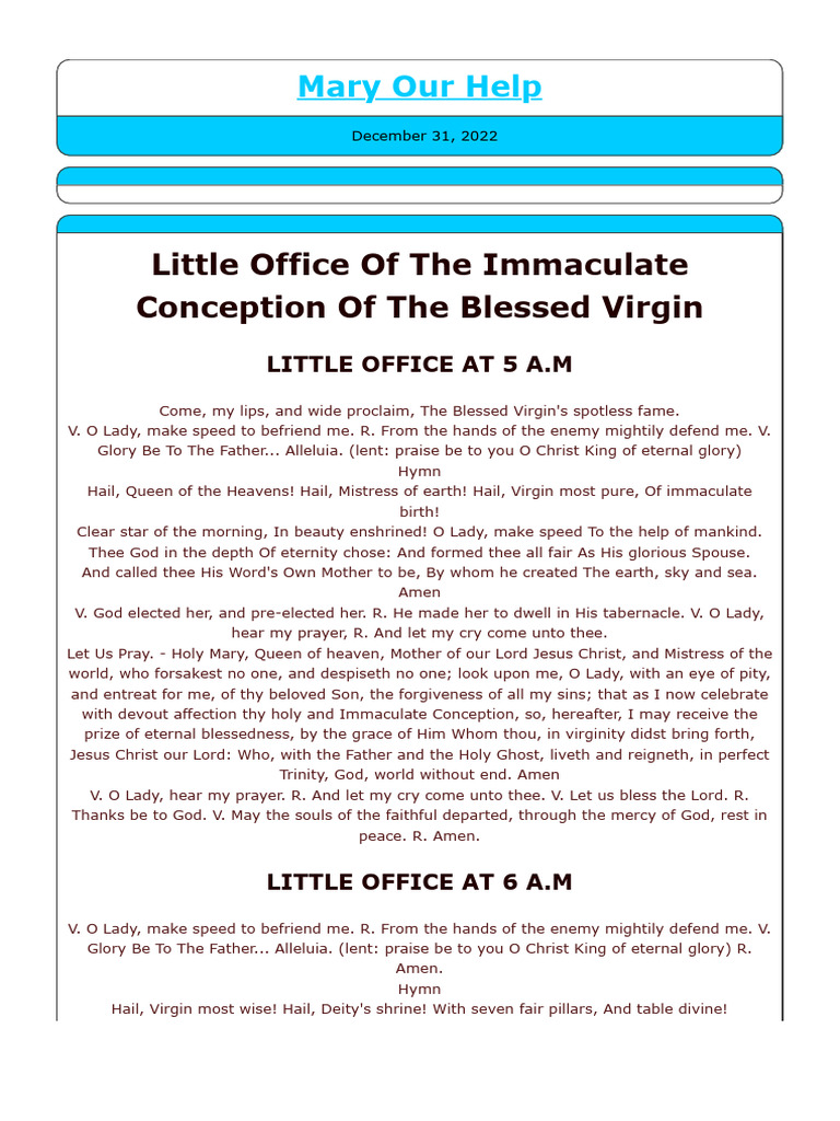 Little Office of The Immaculate Conception of The Blessed Virgin 2 | PDF | Mary, Mother Of Jesus ...