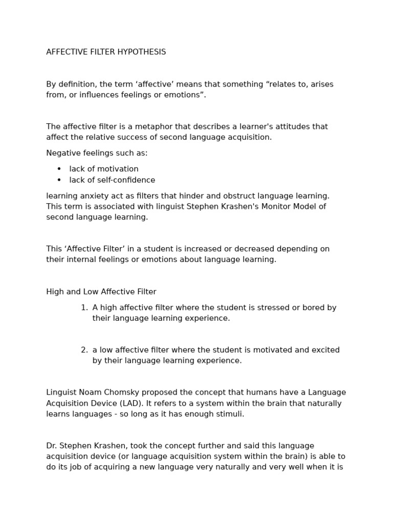 Affective Filter | PDF | Second Language Acquisition | Affect (Psychology)