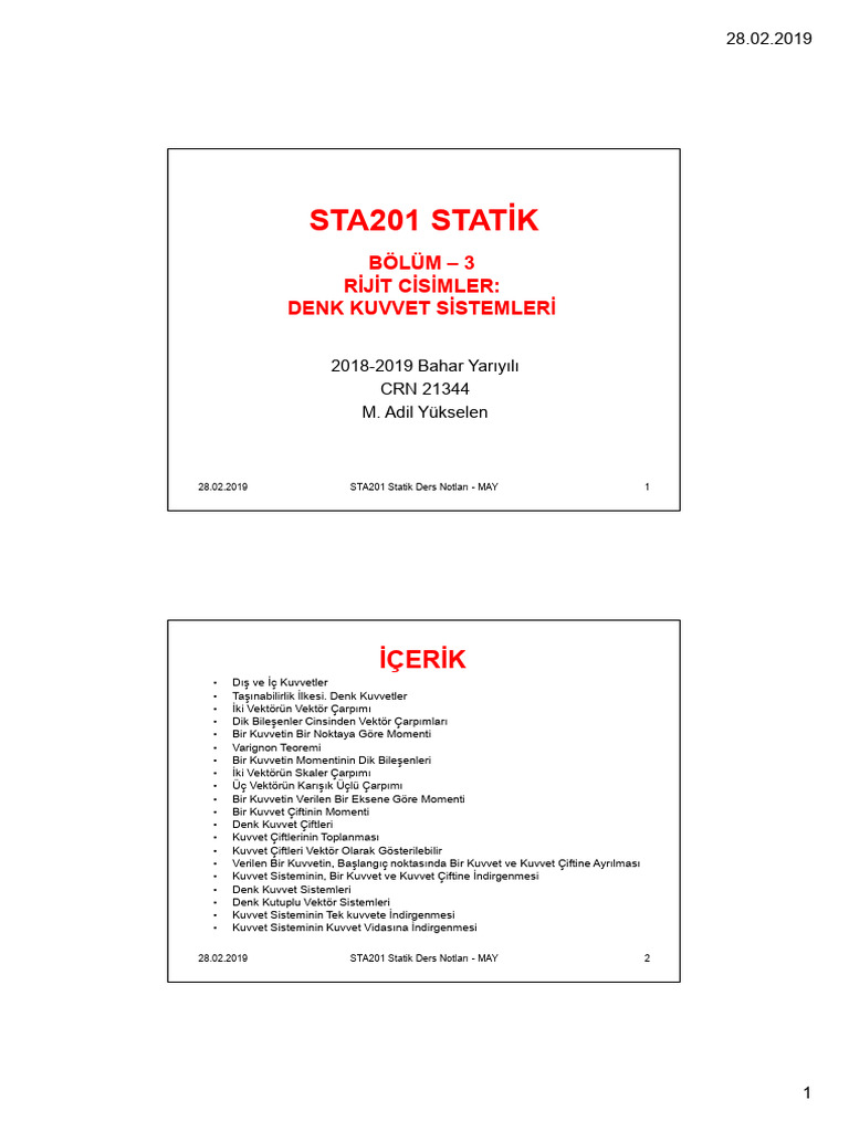 STA201 Bölüm 3 Rijit Cisimler Denk Kuvvet Sistemleri | PDF