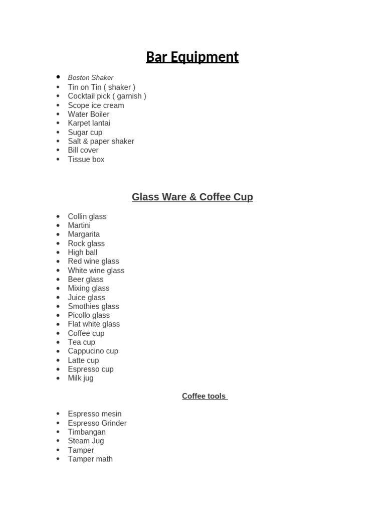 Bar Equipment | PDF | Cooking, Food & Wine