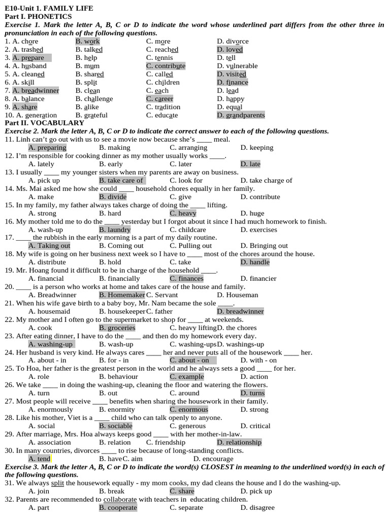 E10-Unit 1-Multiple choice-key | PDF | Marriage