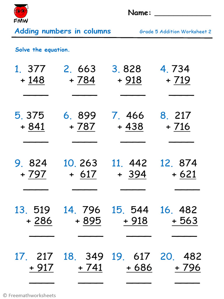 Grade-5-Addition-Worksheet With Answers | PDF