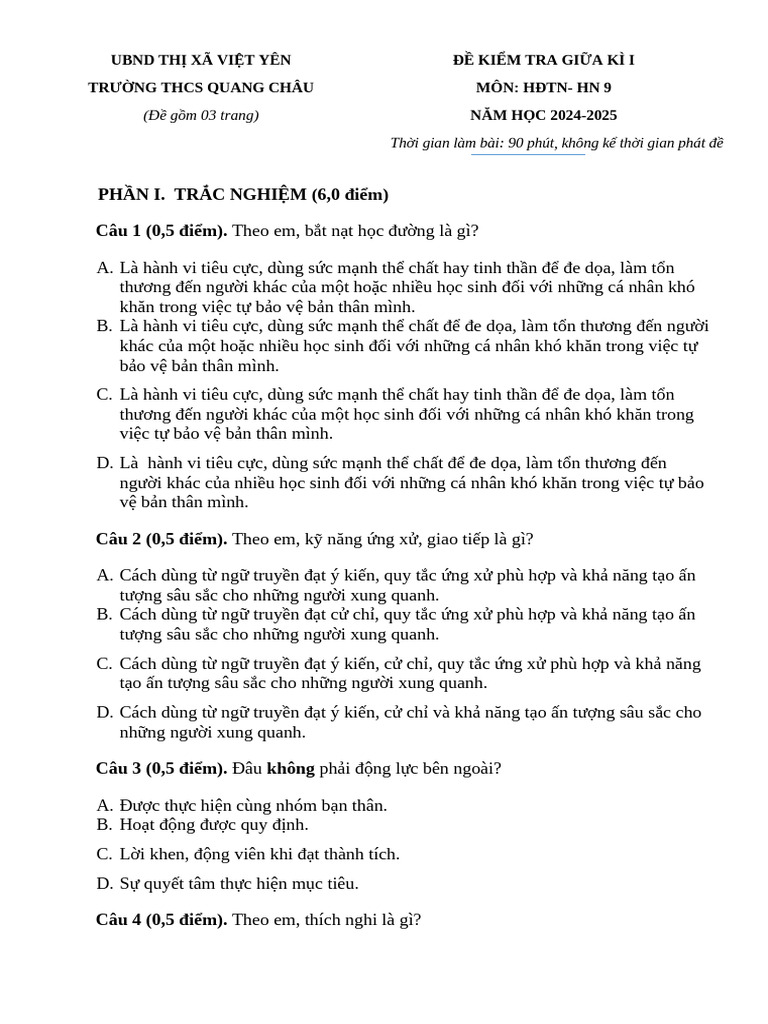 Kiem Tra Giua Ky 1 HDTN Lop 9 | PDF