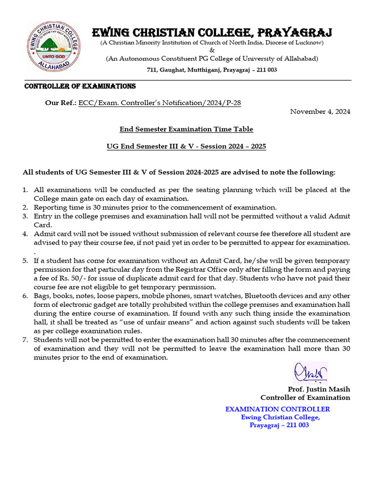 Semester End Examination Time Table With Notice - 2024-25 - F1wOGB ...