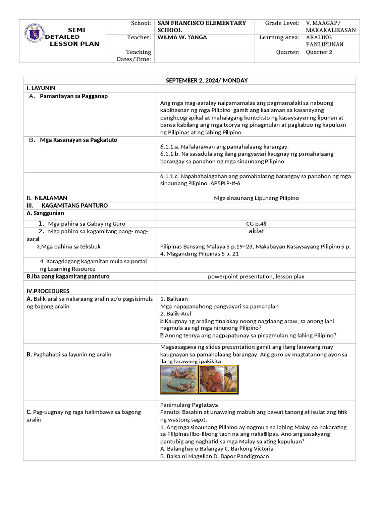 Semi Detailed Lesson Plan Ap 5 | PDF