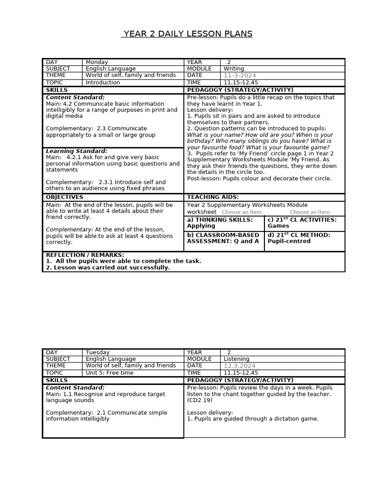 Year 2 Daily Lesson Plans: Content Standard | PDF | Teachers | Pedagogy