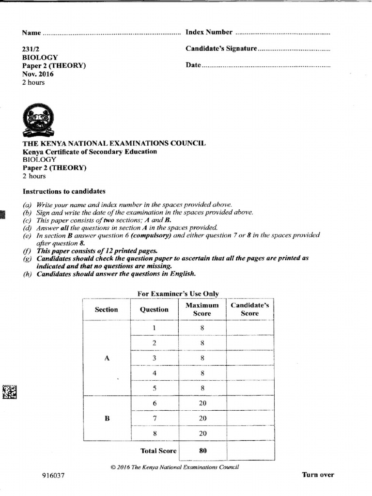 2016 Kcse Biology Pp2 | PDF