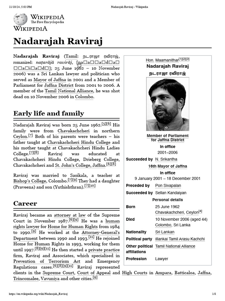 Nadarajah Raviraj - Wikipedia | PDF | Sri Lanka