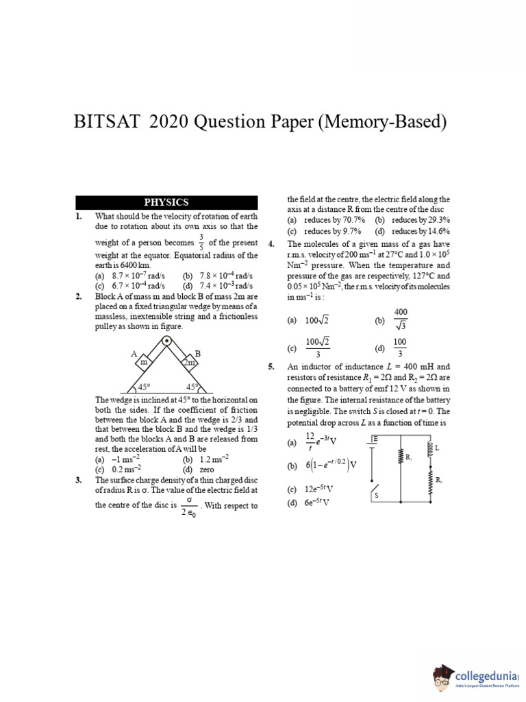 BITSAT 2020 Question Paper | PDF | Electrical Resistance And ...