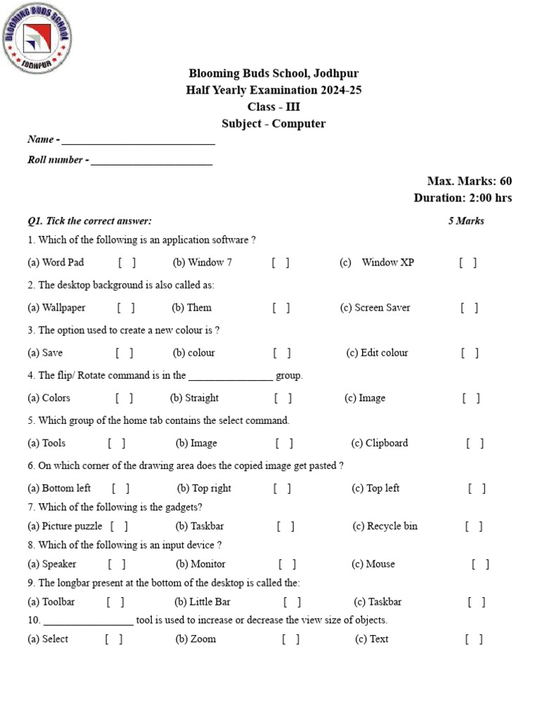 Half Yearly Examination 2024-25 Computer Class III | PDF | Software | Computing