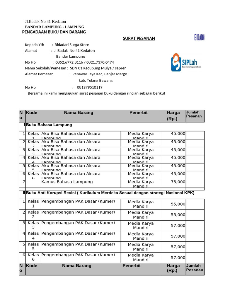 250.000 - Replika Burung Garuda - SD - Surat Pesanan Arkas 2025 | PDF