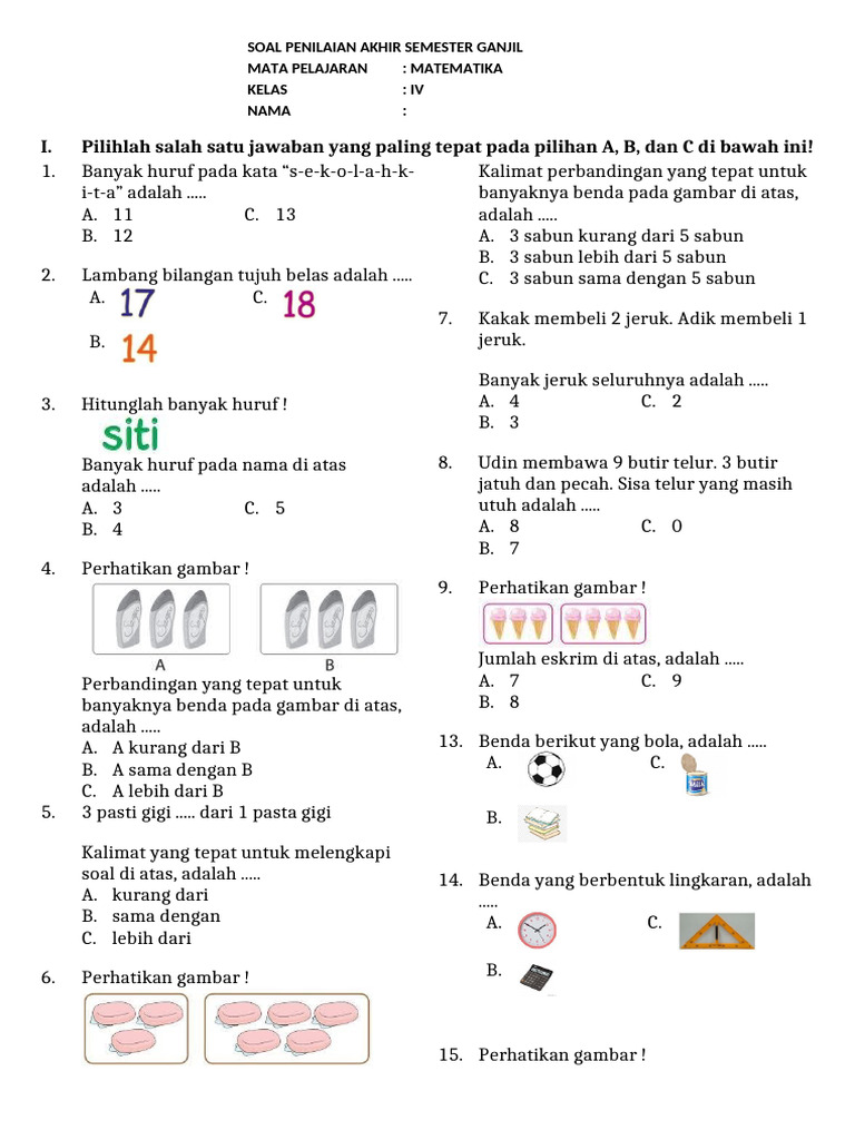 Soal Pas MTK KLS 1 | PDF