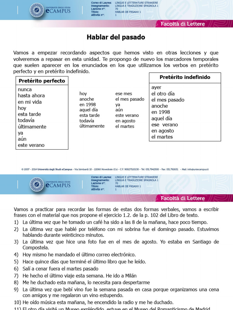 Hablar Del Pasado: Pretérito Perfecto Pretérito Indefinido | PDF ...