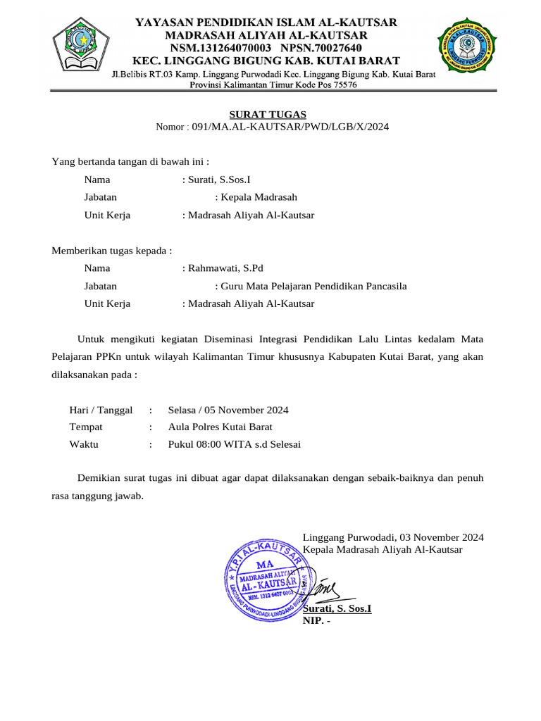 Surat Tugas Permohonan Guru Mapel PKN 03-10-2024 | PDF