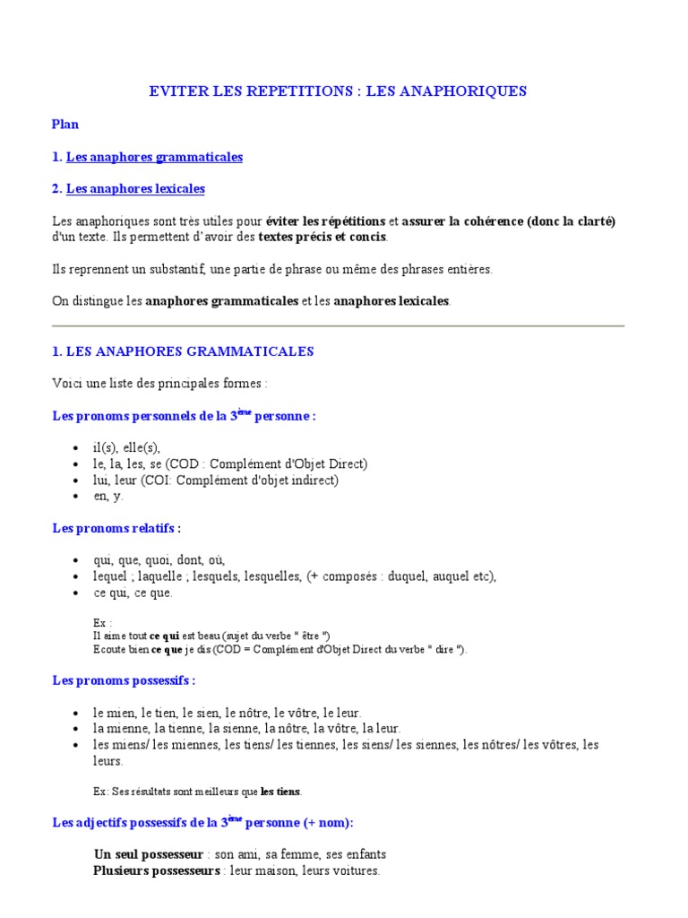 Eviter Les Repetitions Pdf Pronom Genre Grammatical