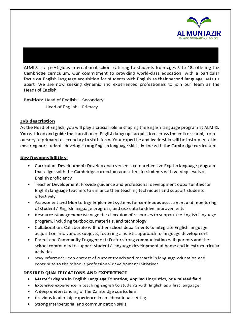 Head of English | PDF | Curriculum | Language Education