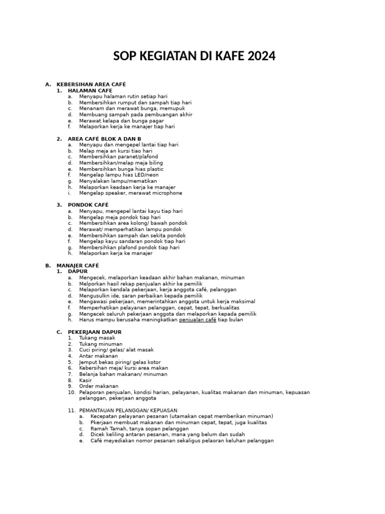 Sop Kegiatan Di Kafe 2024 | PDF | Griya & Taman
