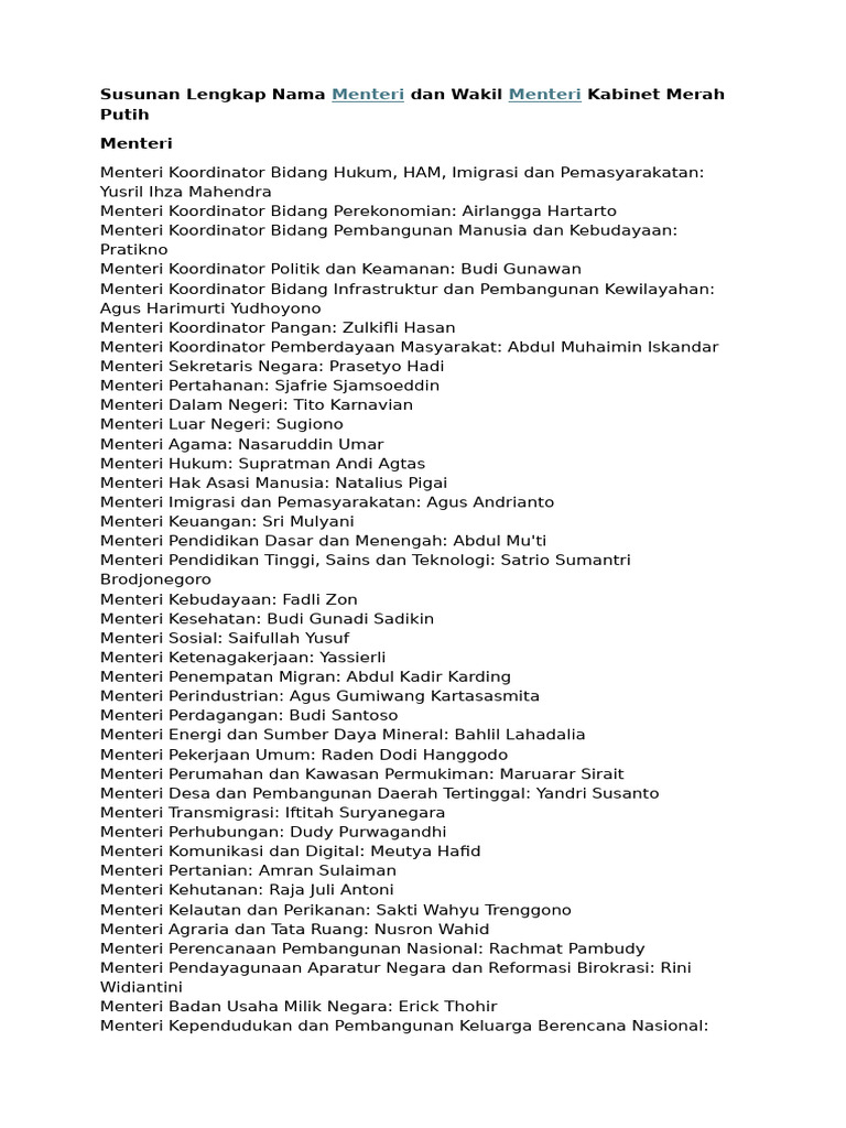 Susunan Lengkap Kabinet Merah-Putih | PDF