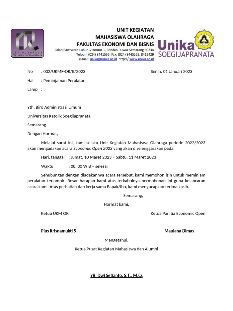 Surat Peminjaman Peralatan Contoh | PDF