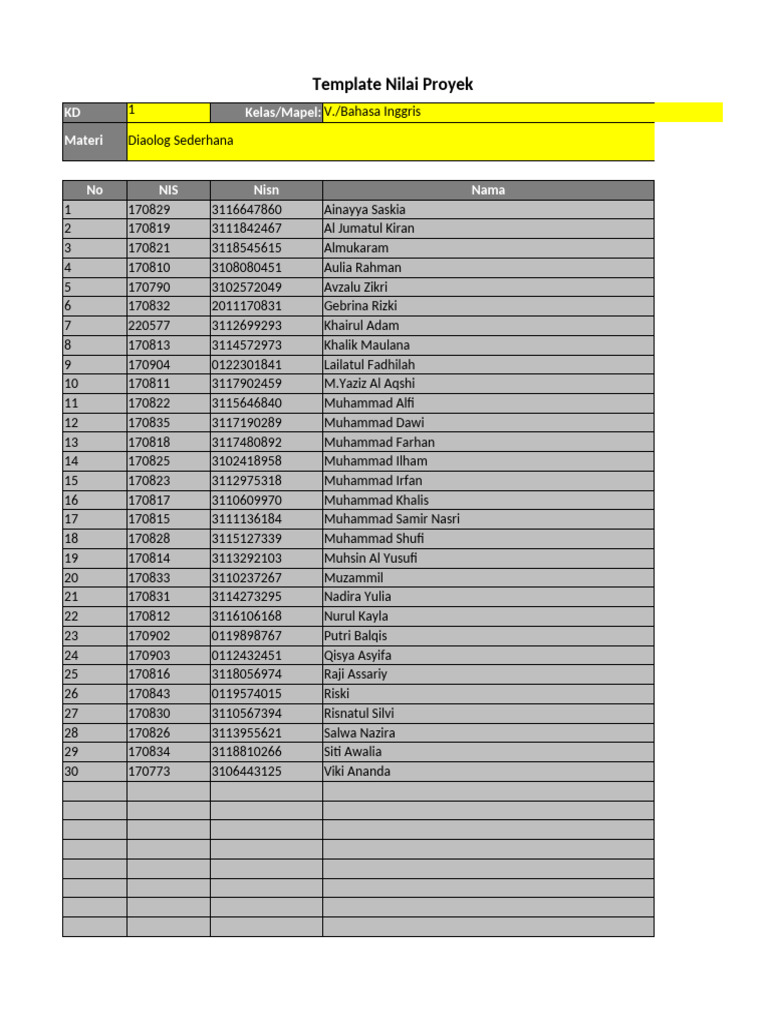 Template Nilai Proyek Bahasa Inggris V | PDF