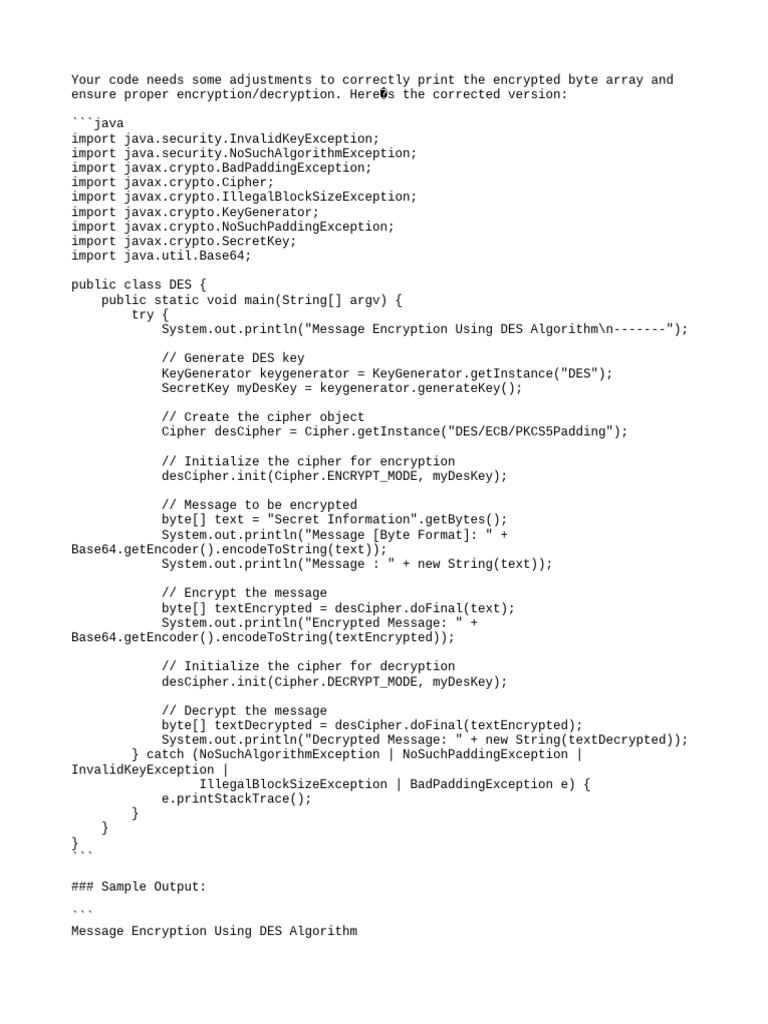 Java and C Code for DES/AES Encryption | PDF | Encryption | Cipher