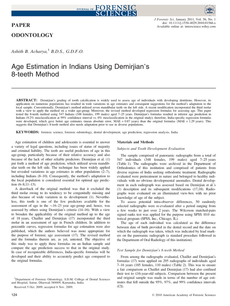 Age Estimation In Indians Using Demirjians 8 Teeth Method Pdf Errors And Residuals