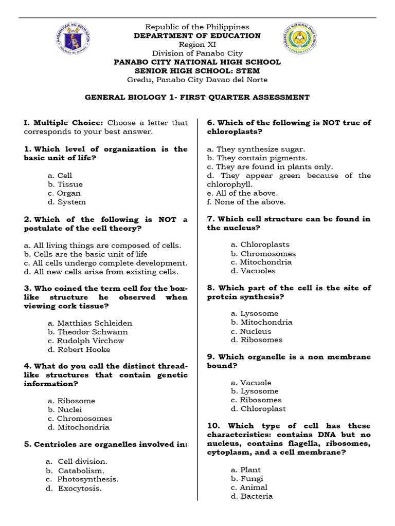 First Quarter Exam Gen. Biology 1 Corrected PDF | PDF | Cell (Biology ...