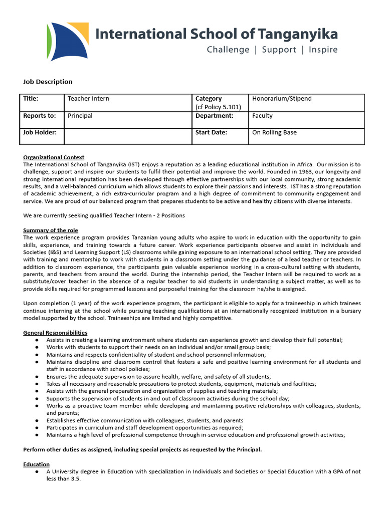 JD InternTeacher ISandLS1 | PDF | Teachers | Internship