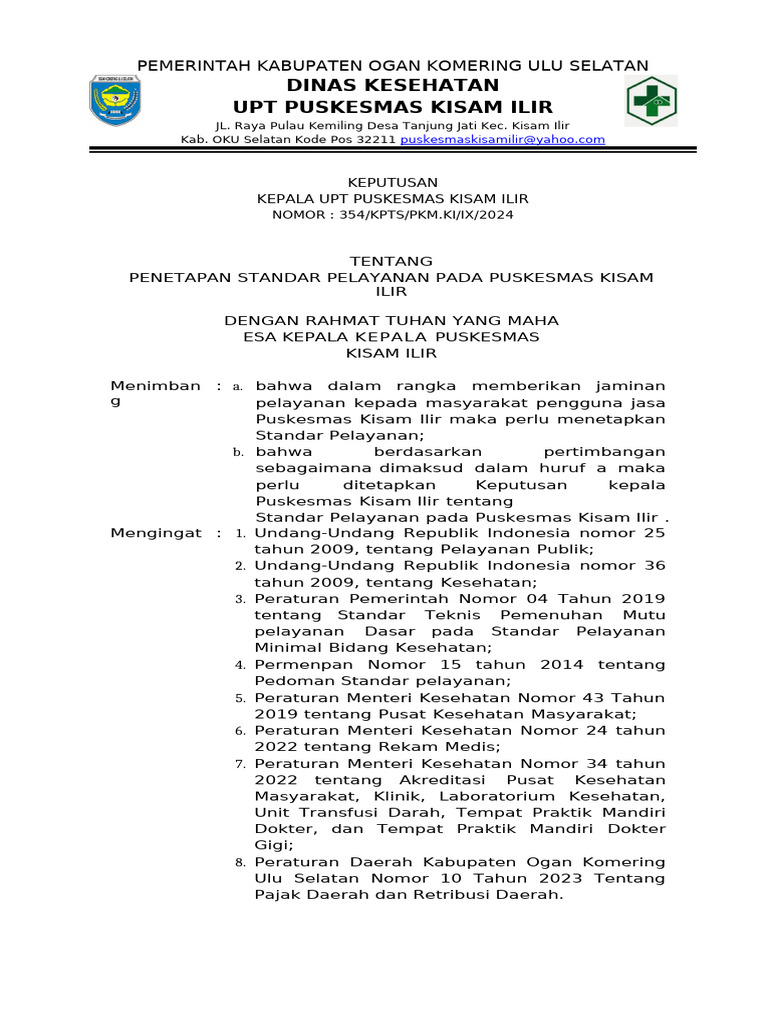SK Penetapan Standar Pelayanan PKM Ki | PDF