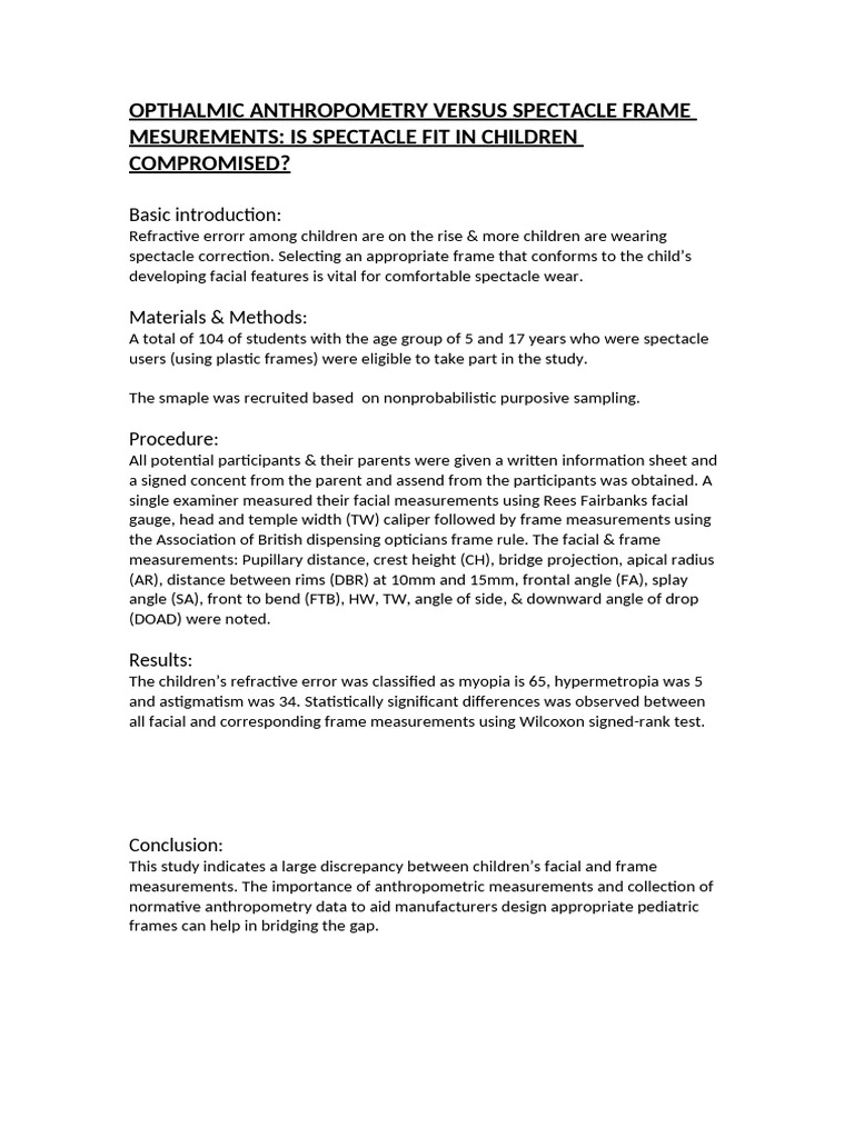 Opthalmic Anthropometry Versus Spectacle Frame Mes 2 | PDF | Anthropometry