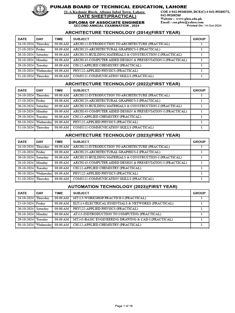 Practical Date Sheet Dae Ist Year s2024 | PDF | Engineering | Foundry