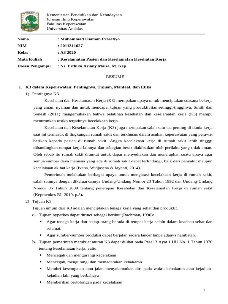 TT6 Resume K3 Dalam Keperawatan Dan Kebijakan K3 Di Indonesia | PDF