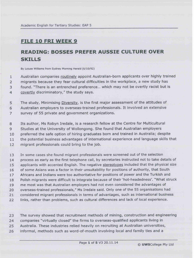 Reading - Bosses Prefer Aussie Culture | PDF