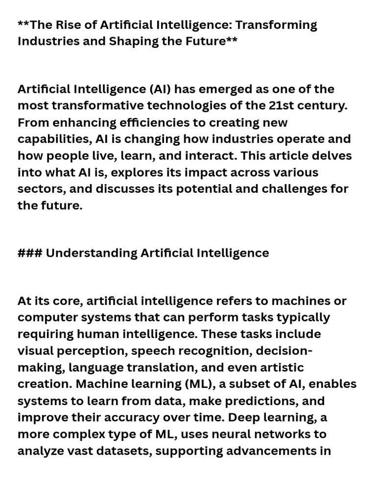 The Rise Of Artificial Intelligence Transforming Industries And Shaping The Future Pdf 
