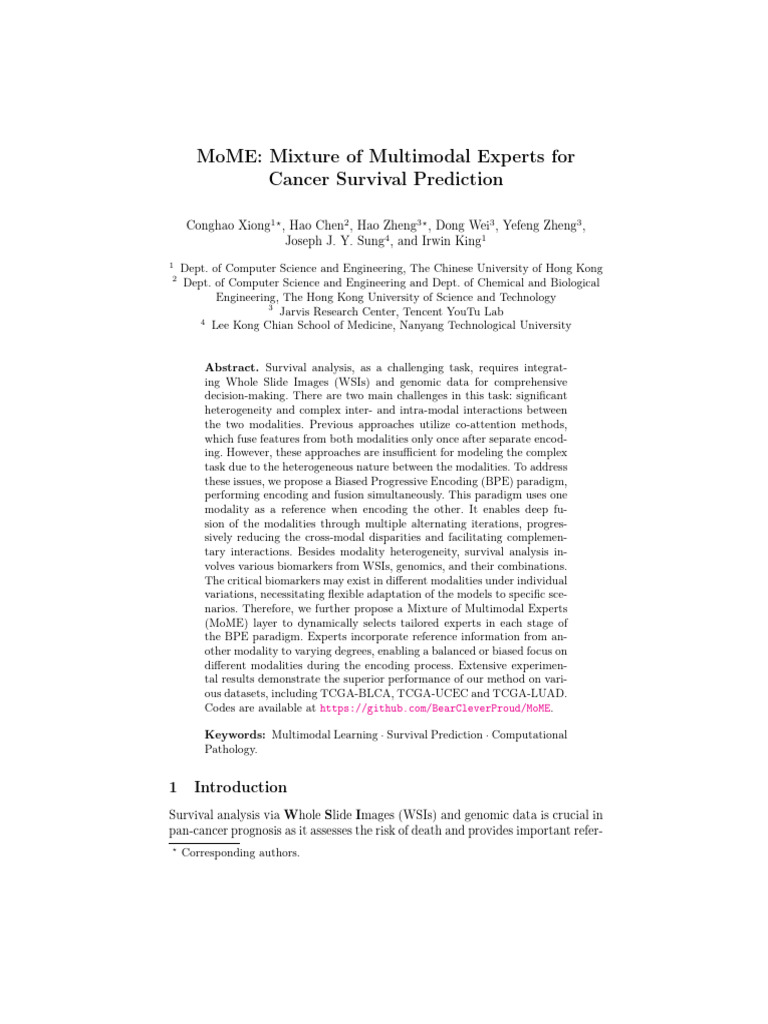Mome Mixture Of Multimodal Experts For Cancer Survival Prediction Pdf Genomics