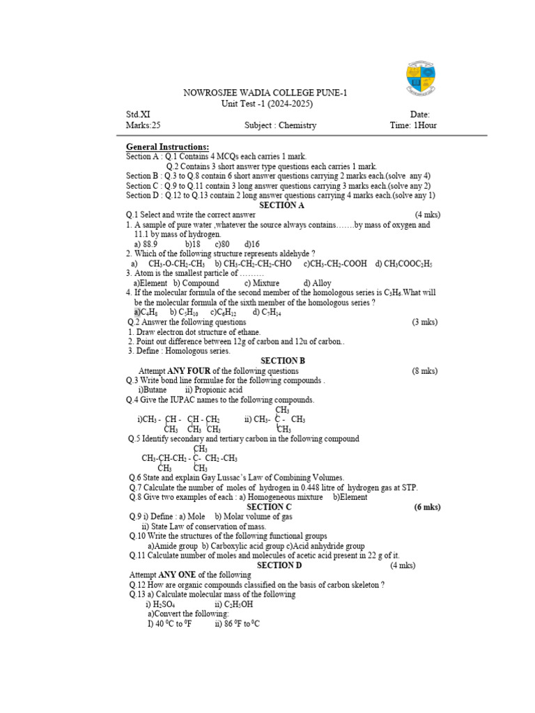 Chemistry XI Unit Test I 24 25 | PDF | Molecules | Methyl Group